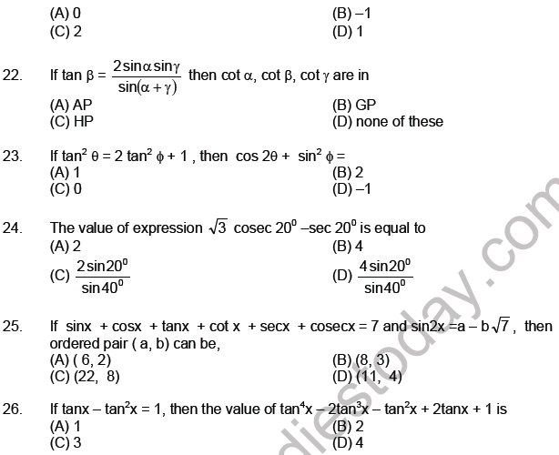 JEE Mathematics Trigonometric Functions MCQs Set A with Answers